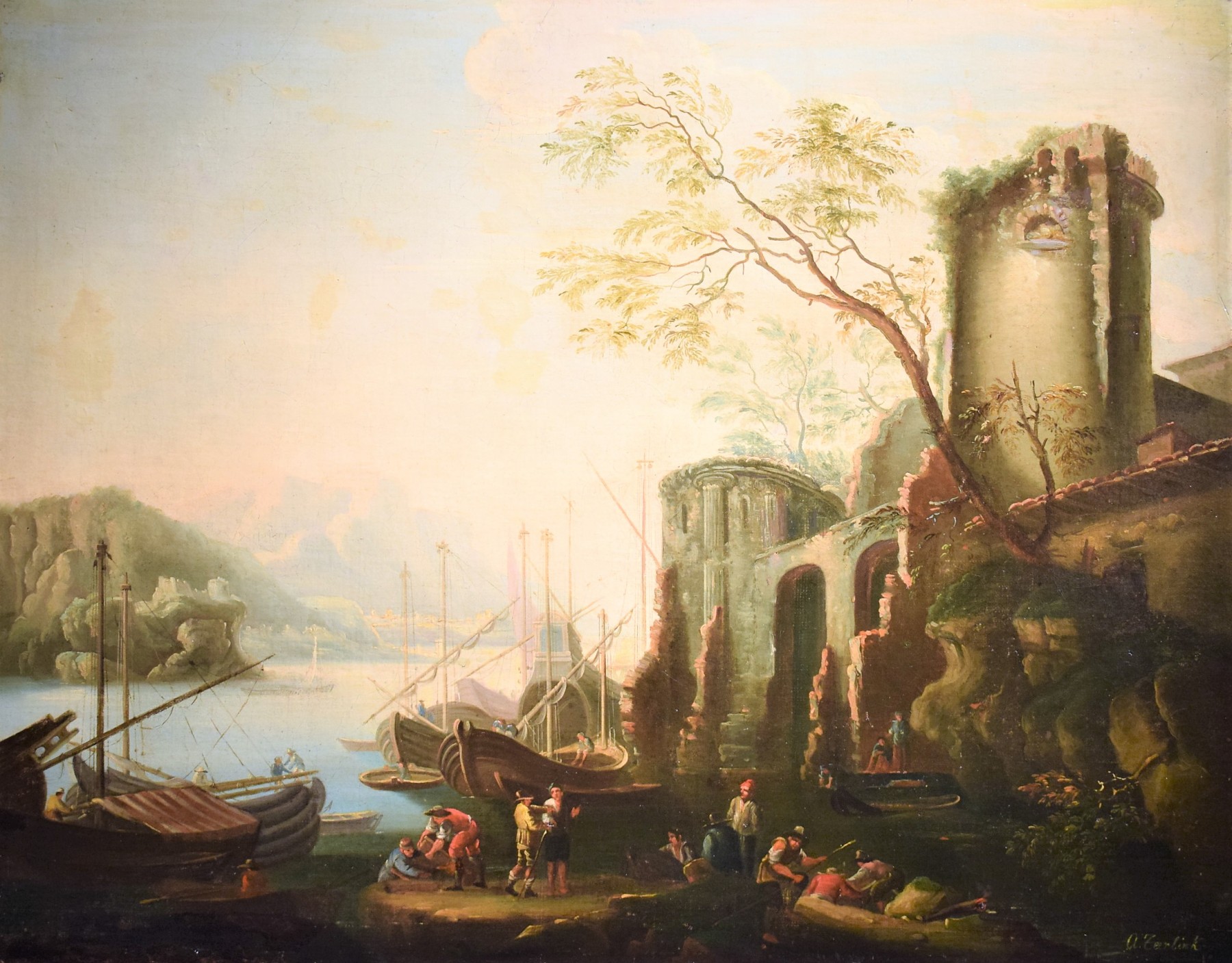 Abraham Teerlink (1776 -1857) - Coastal landscape with port scene and ...